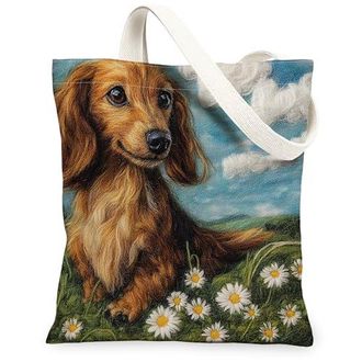 Generic Sac fourre-tout en toile motif teckel printanier pour faire du shopping, 33 x 38,1 cm, sac d&eacute;picerie r&eacute;utilisable pour femme, sac d&eacute;picerie amusant po