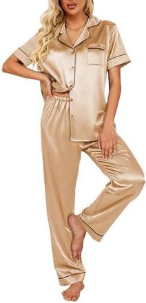 Ekouaer Pyjama Femme Satin Ensembles de Pyjama Sexy Chic Vêtements de Nuit Manches Courtes Pyjashort Femme Soie Été, Brun Clair, XL