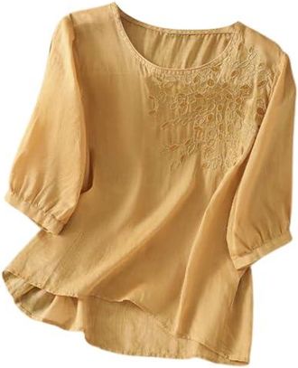 Generic Vestes d&eacute;t&eacute; 2026 pour femmes, style litt&eacute;raire, r&eacute;tro, avec boucle, broderie, patte inclin&eacute;e, ample, jaune, XXL