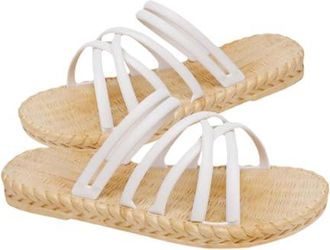 Frcolor Sandales Plates Femme &Eacute;t&eacute; Tress&eacute;es Paille Confortables avec Semelle Anti-d&eacute;rapante Chaussures de Plage D&eacute;contract&eacute;es pour Marche et Vacances Blanc