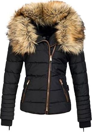 Generic Doudoune courte zippée matelassée pour femme, parka doublée en sherpa avec revers en fausse fourrure, manteau chaud dhiver à capu