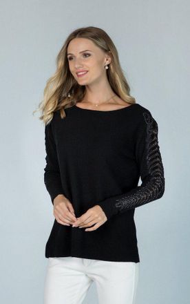 Passioni Strickpullover mit offenen gerippten Ärmeln und Glitzersteinen