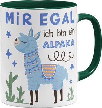 OM3 Mir egal ich bin ein Alpaka Kaffee-Tasse mit Spruch - Spruchtasse Lama-Motiv - Statement - Keramik Becher - 325ml - Beidseitig Bedruckt - Gr&uuml;n