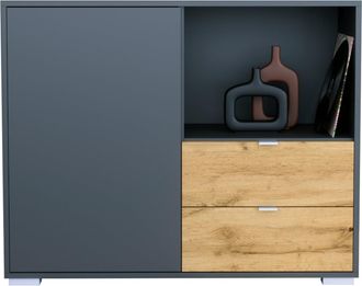 Vladon Kommode Milano, Sideboard mit 1 Tür Anthrazit matt und 2 Schubladen Eiche Evoke, Made in Germany, Korpus Anthrazit matt (103 x 83 x 37 cm)