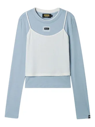 Mini Cream haut bordé de dentelle à manches longues - Bleu