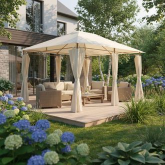 Sweeek Tonnelle 3x4 m - Divio - Imitation bois. toile &eacute;cru - Pergola avec rideaux. tente de jardin. barnum. chapiteau. r&eacute;ception