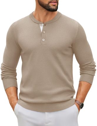 Coofandy Henley Shirts Herren Langarm Dünner Pullover mit Knöpfen Leicht Strickpullover Casual Winterpullover Pulli Männer Khaki XXL