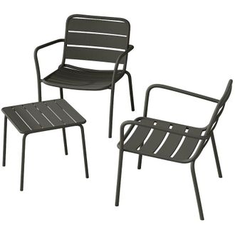Vente-Unique Salon de jardin en m&eacute;tal - 2 fauteuils bas empilables et une table dappoint carr&eacute;e - Gris anthracite - MIRMANDE de MYLIA