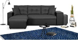 Best Mobilier California - ecksofa beidseitig montierbar - schlaffunktion und bettkasten und aufbewahrungsregal - aus kunstleder und stoff - schwarz / grau