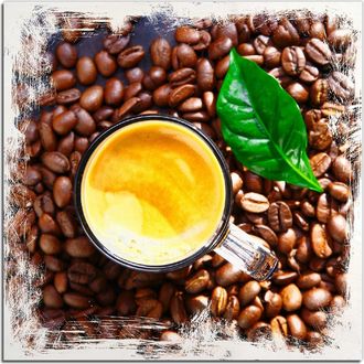 Wallario Wandbild aus Holz Kaffee und Bohnen - 40 x 40 cm in Premium-Qualität: Brillante Farben