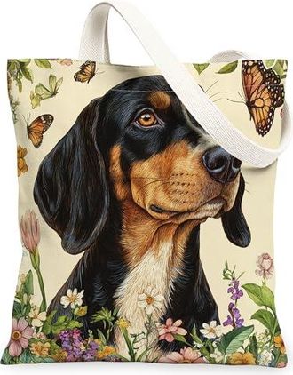Generic Sac fourre-tout en toile motif chien coonhound printanier 33 x 38,1 cm, sac d&eacute;picerie r&eacute;utilisable pour femme, motif animal de compagnie, d&eacute;coration c