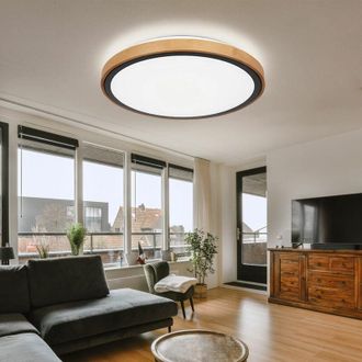 Globo Lighting Plafonnier plafonnier cct chambre style maison de campagne lampe en bois, aspect bois marron m&eacute;tal opale noire, 1x led 24W 1000Lm 3000K