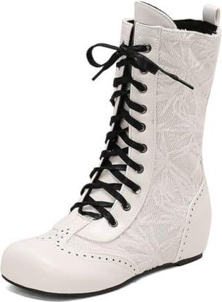 Generic Bottes Femmes Mi - Mollet À Lacets avec Motif Embossé Floral Détails Perforés Talons Compensés Cachés Bout Rond Bottes Vintage Cosplay De Mode,Blanc,4