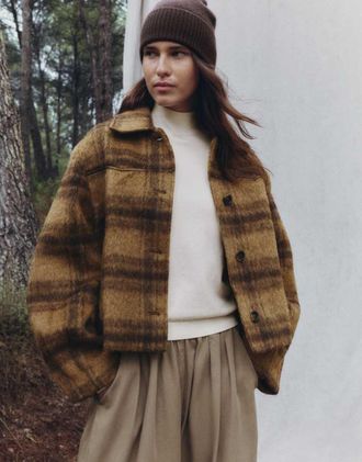 Oysho veste &agrave; carreaux 30 % laine couleur moutarde-Jaune