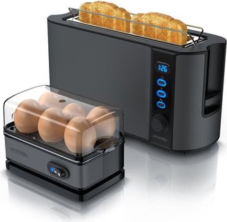 Arendo Arendo - Fr&uuml;hst&uuml;cks Set in Grau Edelstahl - Langschlitz Toaster und Eierkocher