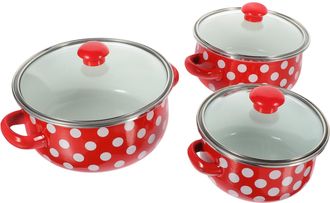 Valiclud 1 Satz Kleines Kochtopfset aus Emaille mit Deckel Teiliges Set Rot mit Weißen Punkten Handlich und Hitzebeständig für Suppen und Eintöpfe für Küche