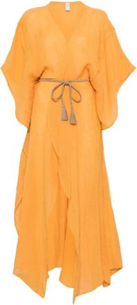 120% Lino Femme, Blouses et Chemises, Orange, Taille: ONE Size Long Linen Dress