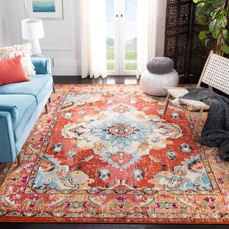 Safavieh Boho Teppich f&uuml;r Wohnzimmer, Esszimmer, Schlafzimmer - Monaco Collection, Kurzer Flor, Orange und Hellblau, 91 X 152 cm