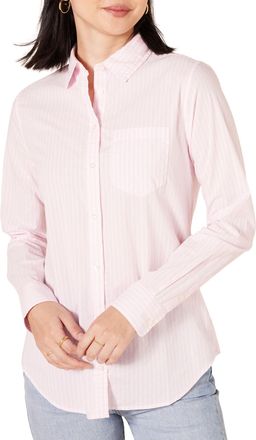 Amazon Essentials Damen Regular-Fit Langarm-Button-Down-Popeline-Hemd, Rosa Streifen, XXL
