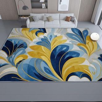 Generic Gris-Bleu Tapis pour Salon 160 x 230 cm, Lavables avec Dos Antid&eacute;rapant, Tapis &agrave; Poils Courts Imprim&eacute; Moderne Art Abstrait Fleurs pour Cuisine Salle &agrave;