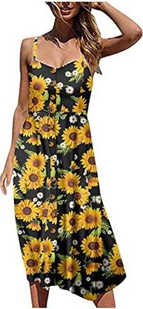 Generic Robe boh&egrave;me 2026 pour femme avec poches basculantes &agrave; boutons, robe en duvet boh&egrave;me imprim&eacute;e mi-longue, Noir, S