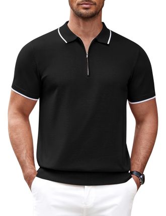 Coofandy Herren-Poloshirt mit Reißverschluss, lässig, gestrickt, kurzärmelig, Klassische Passform, Schwarz, XL