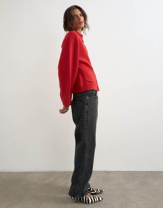Topshop gestrickte Strickjacke mit Taschen vorn in Rot