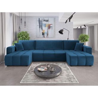 Fun M&ouml;bel Wohnlandschaft mit Schlaffunktion DAGNY Sofa U-Form in Stoff Kronos Blau