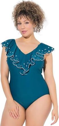 Ulla Popken Femme Grandes Tailles Maillot de Bain &agrave; Bonnets Souples. Volant et Broderie. Mati&egrave;re recycl&eacute;e Vert Sapin 50 836655752-48