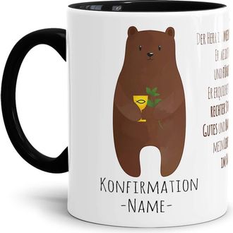 Tassendruck Geschenk-Tasse zur Konfirmation Bär mit Psalm 23 - Personalisierbar/Erwachsen/Kind/Feier/Innen & Henkel Schwarz