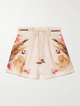 Zimmermann Short En Lin À Imprimé Fleuri, Perles Et Ceinture Ascension - Crème