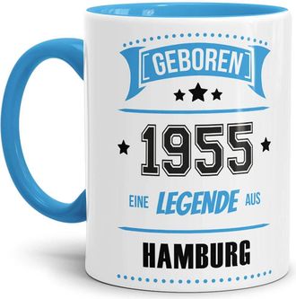 Tassendruck Geburtstags-Tasse Geboren 1955 Eine Legende aus Hamburg Innen & Henkel Hellblau/Geschenk/mit Spruch/Mug/Cup/Becher/Qualität Made in Germany