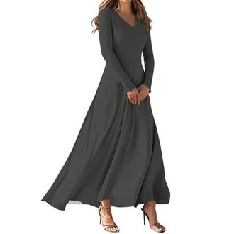 Generic Robes pour femme - Manches longues - D&eacute;contract&eacute;e - Col en V - Couleur unie - Robe longue d&eacute;t&eacute; pour femme - Longueur genou - Fleurs, gris fonc&eacute;, XXL