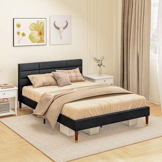 HOMCOM Cadre de lit Double 140 x 200 cm lit 2 Personnes - Hauteur 17 cm, sommier à Lattes et tête de lit capitonnée - en Bois et Tissu, Noir