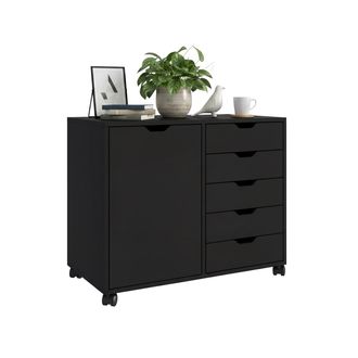 Relaxdays Rollcontainer, 5 Schubladen & 2 F&auml;cher, HBT: 65x78x40 cm, B&uuml;roschrank, Aktenschrank mit Rollen, B&uuml;ro, schwarz