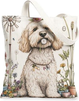 Generic Sac fourre-tout en toile motif chien labradoodle printanier 33 x 38,1 cm, sac d&eacute;picerie r&eacute;utilisable pour femme, ferme, animal de compagnie, plage, pe
