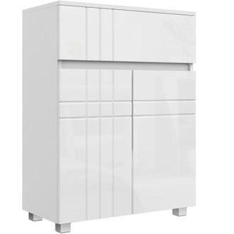 HOMCOM Meuble de rangement pour salle de bain sur pied placard 2 portes 1 tiroir, &eacute;tag&egrave;re r&eacute;gable, blanc laqu&eacute;-Blanc