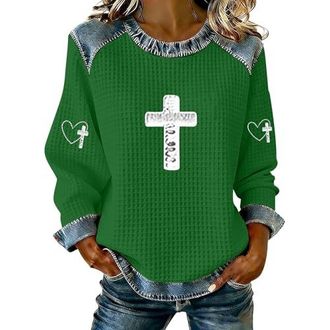 Generic Sweats chr&eacute;tiens pour femmes surdimensionn&eacute;s en tricot gaufr&eacute; denim patchwork sweatshirt religieux foi croix chemises graphiques vintage col rond cout