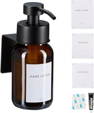 Relaxdays Seifenspender, 1er Pack, 250ml, Braunglas, Edelstahl, Wandseifenspender zum Kleben, ohne Bohren, braun/schwarz
