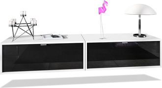 Vladon 2er-Set TV Board Lana 80, Made in Germany, Lowboards je 80 x 29 x 37 cm mit viel Stauraum, Korpus in Wei&szlig; matt, Fronten in Schwarz Hochglanz | Gro&szlig;e F