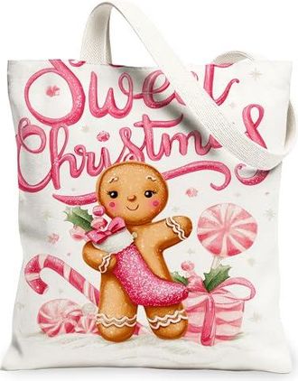 Generic Sacs fourre-tout en toile de pain d&eacute;pice de No&euml;l, sacs de courses r&eacute;utilisables, festifs, l&eacute;gers et lavables avec bandouli&egrave;re pour lext&eacute;rieur, les voy