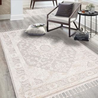 Carpet City Teppich Wohnzimmer Boho-Stil Creme - 160x230 cm - Ornamente, Bordüre - Relief-Optik, 3D-Effekt - Cut-&Loop, Sisal - Moderne Fransen-Teppiche Schlafzim