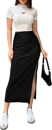 SOLY HUX Figurbetont Rock Damen Elegant Lang Bleistiftrock mit Schlitz Hoch Taille Freizeitrock Partyrock Herbst Abendrock Festival Outfit Schwarz XS