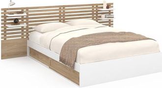 IDMarket Lit Double Savana avec t&ecirc;te de lit, chevets, rangements et sommier 140 x 190 cm h&ecirc;tre et Blanc