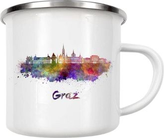 artboxONE Emaille Tasse Graz Skyline in Watercolor-b von Paul Rommer - Emaille Becher Städte