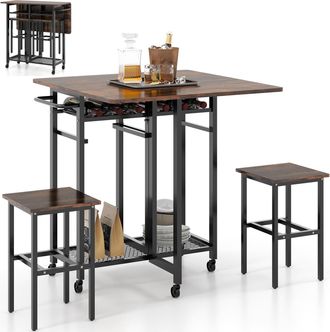 Generic Küchenwagen, Rollwagen, Esstisch und 2 Hocker mit Weinregalen, 5 Räder, rollbar, platzsparend, Tisch-Sets für Küche, Pub, Frühstücksbar (Braun + Schwa