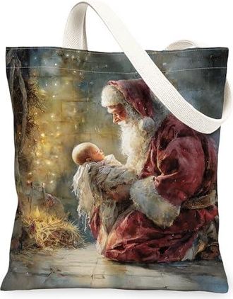 Generic Sacs fourre-tout en toile avec motif P&egrave;re No&euml;l - L&eacute;gers et lavables - Design artistique vintage - R&eacute;utilisables, Rouge, 13x15 Inch