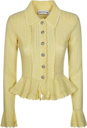 Self Portrait Femme, Pulls, Jaune, Taille: 38 FR Pointelle Knit Ruffled Cardigan