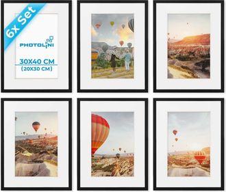 Photolini Bilderrahmen 30x40 Schwarz Holz MDF, 6er Set Bilderrahmen 40x30 cm mit Passepartout, bruchsicheres Acrylglas, Rahmen 30 x 40 zum Aufhängen, extra Zube