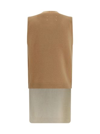 Maison Margiela Womens Knit Vest Double-Layer Merino Wool Camel-Ecru Knitwear Camel/ecru Sweater